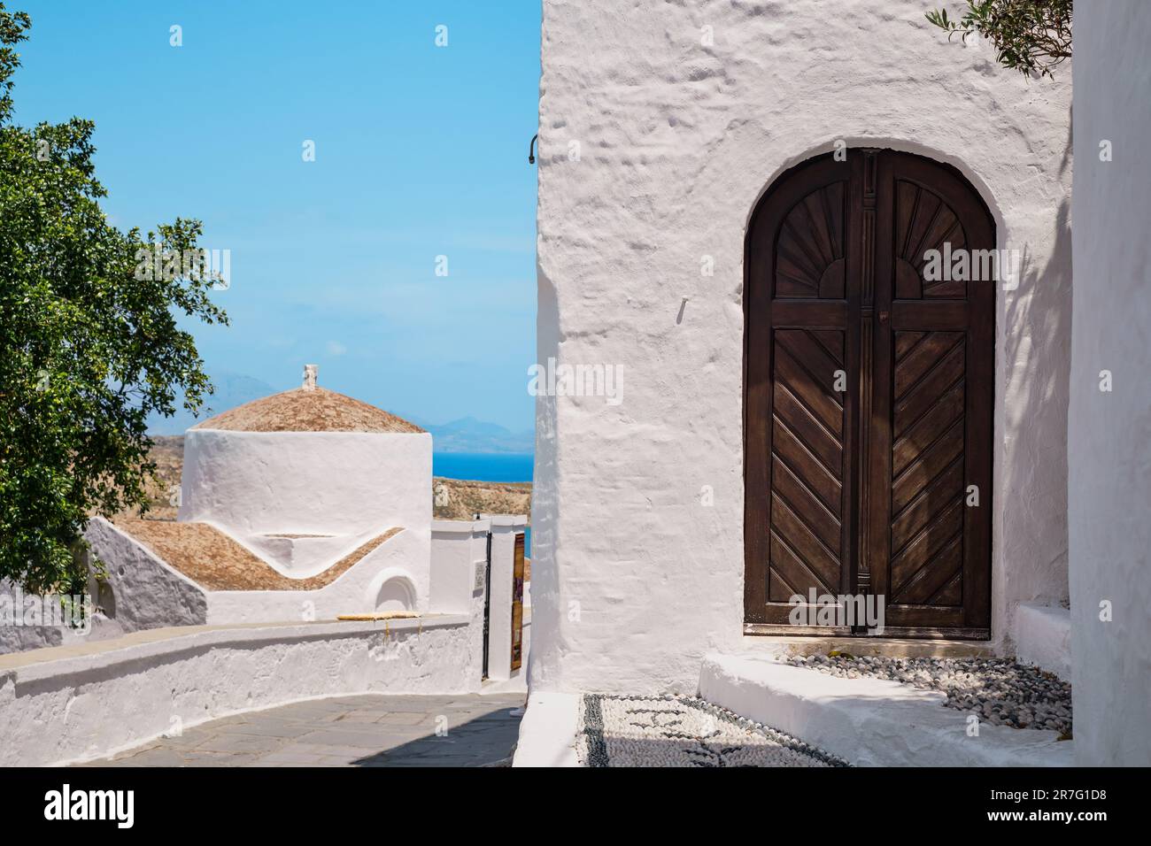 Early morning, St. George church in Lindos town, Rhodes island, Greek ...