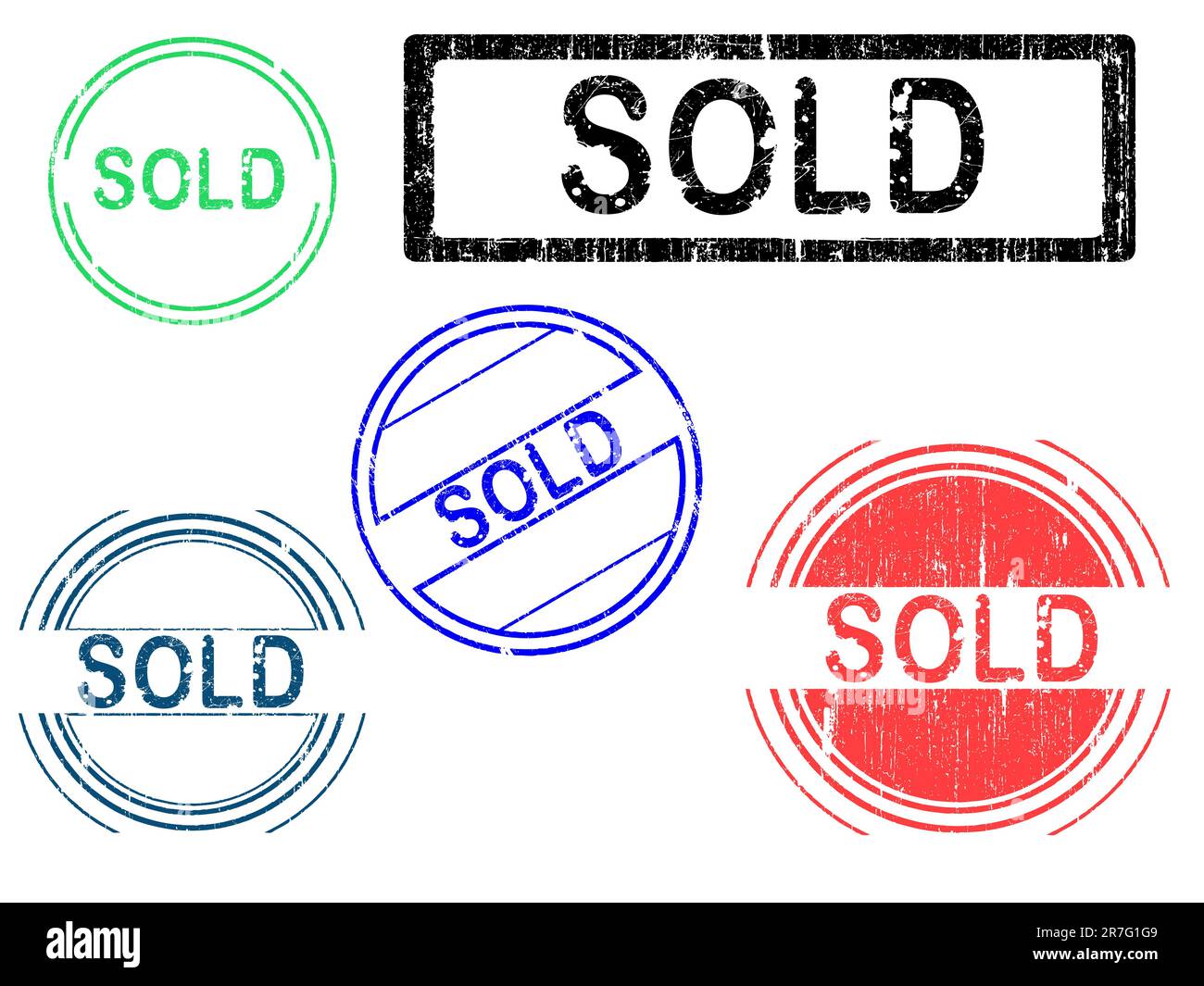 5 Grunge effect Office Stamp with the word SOLD in a grunge splattered text. (Letters have been ...