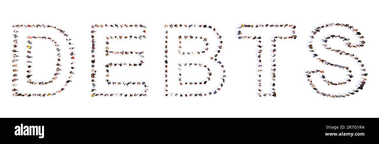 Concept or conceptual large community of people forming the word DEBTS ...