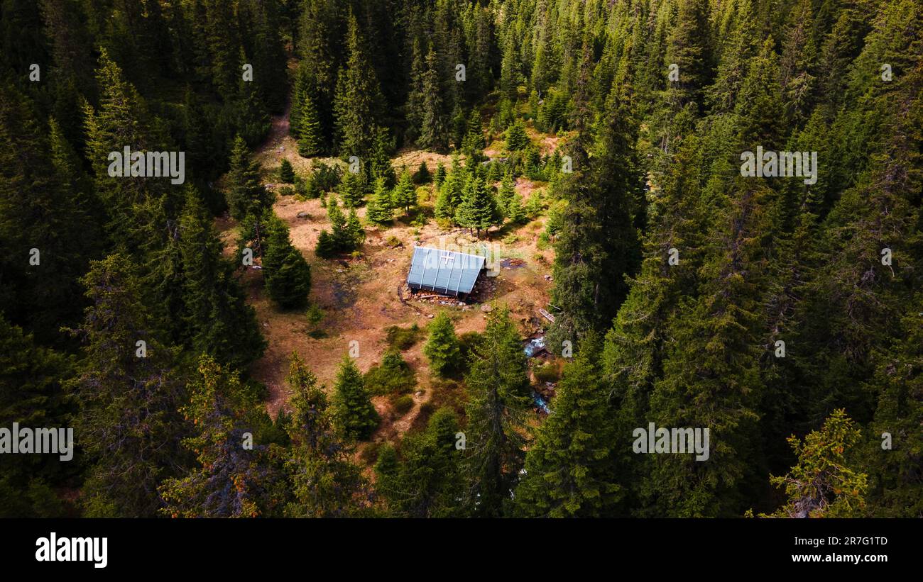Aerial view of a mountain refuge hut, deep in the Carpathian Mountains ...