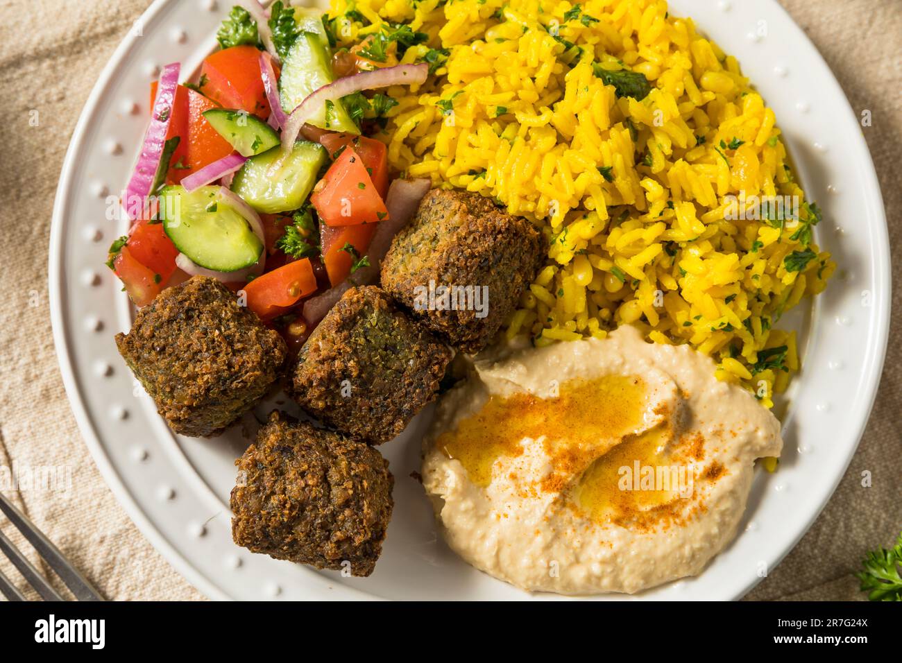 Homemade Mediterranean Falafel Plate with Rice and Hummus Stock Photo ...