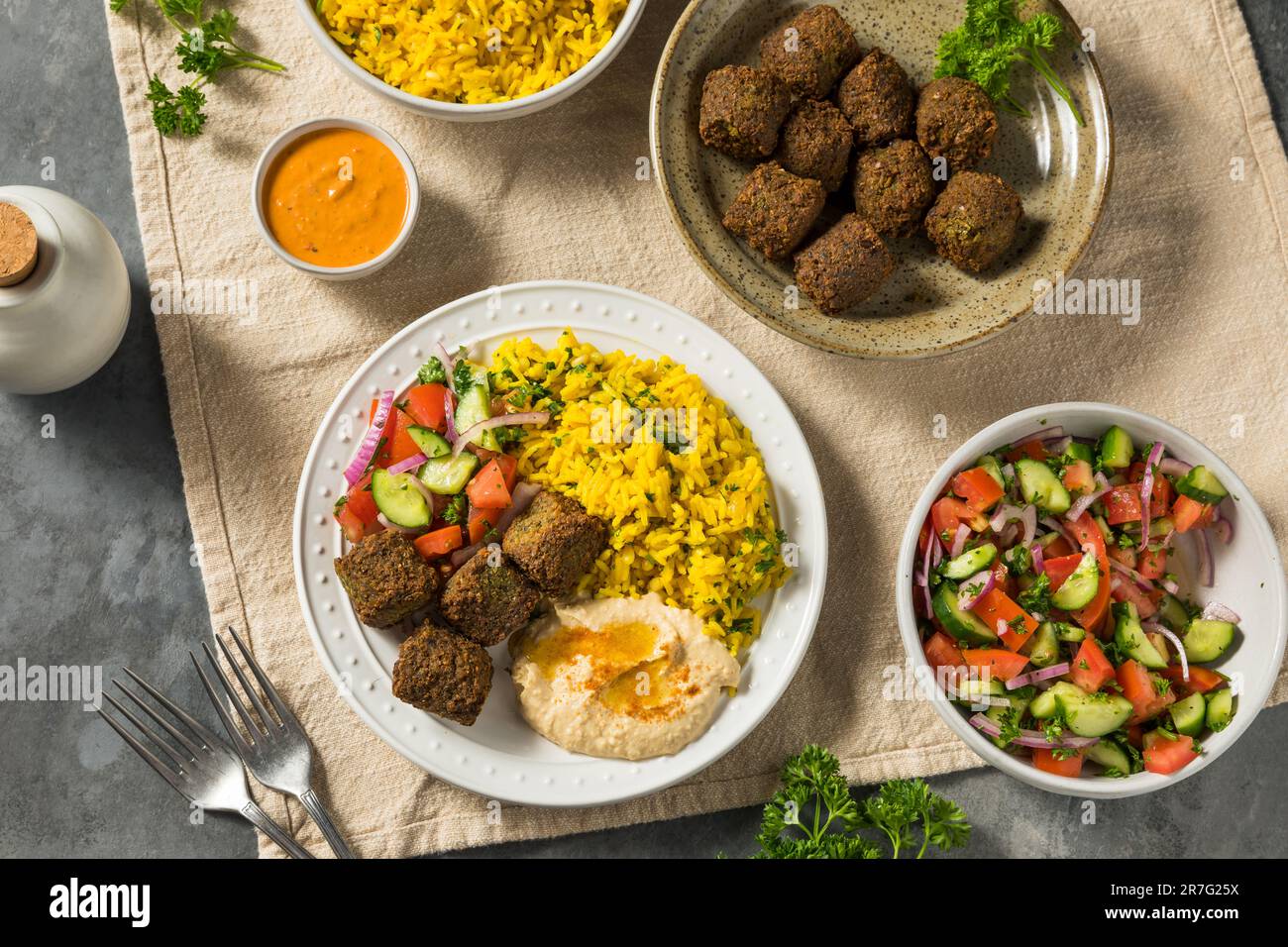 Homemade Mediterranean Falafel Plate with Rice and Hummus Stock Photo ...
