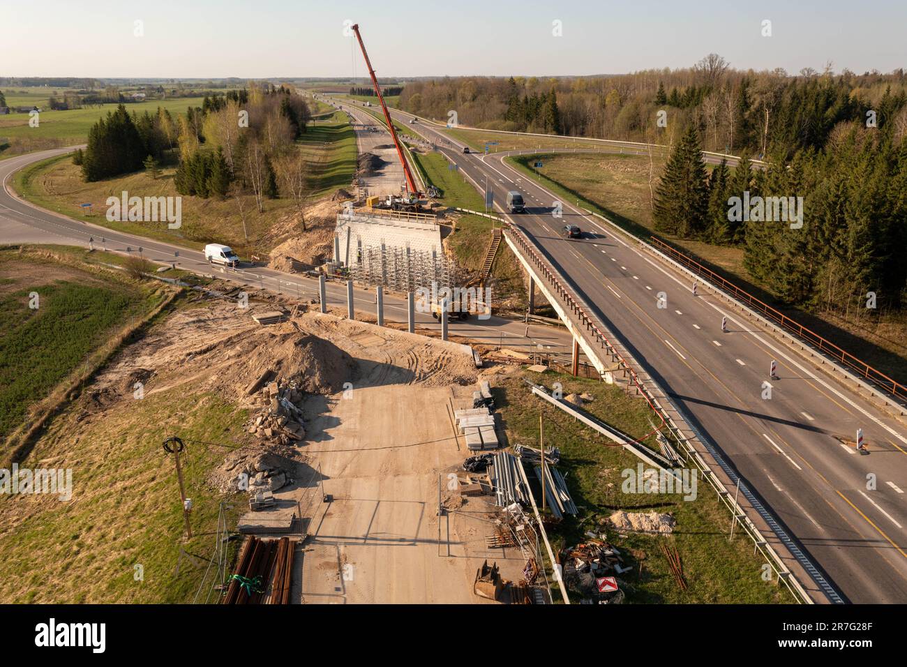 Drone photography of highway bridge being built during spring day. High ...