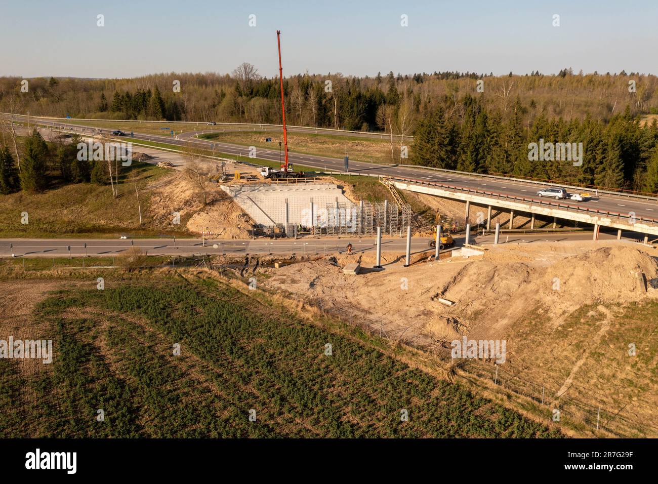 Drone photography of highway bridge being built during spring day. High ...