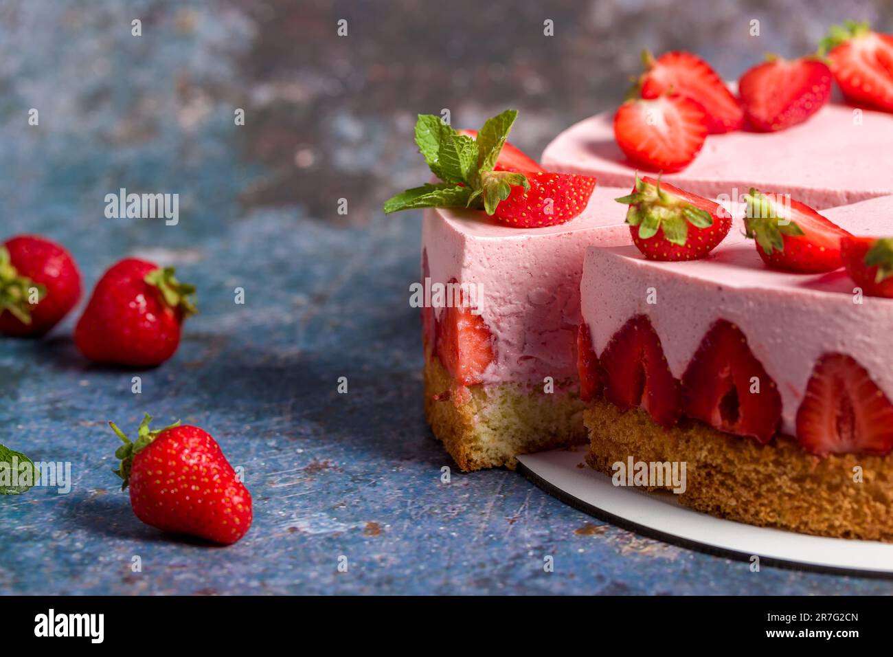 Strawberry cake. Menu concept. Homemade strawberry cake decorated with ...