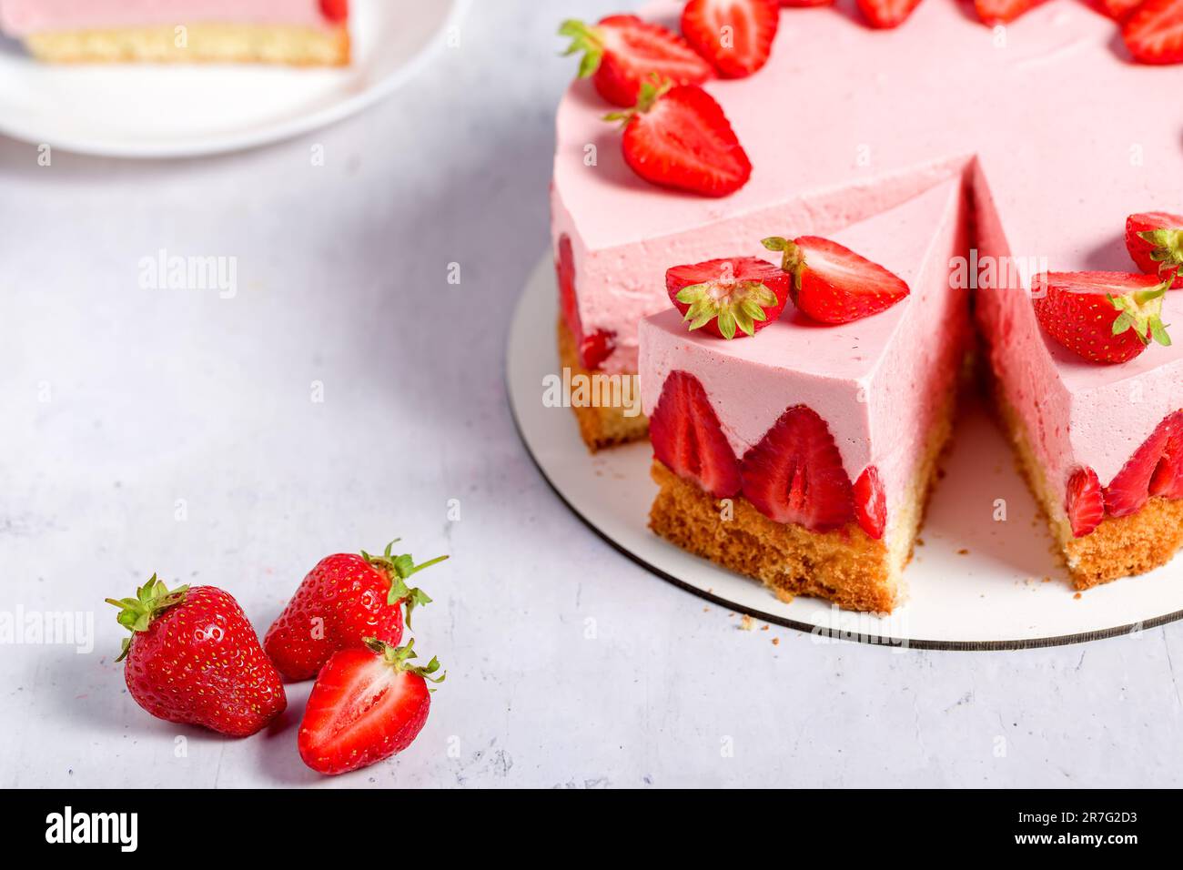 Strawberry cake. Menu concept. Homemade strawberry cake decorated with ...