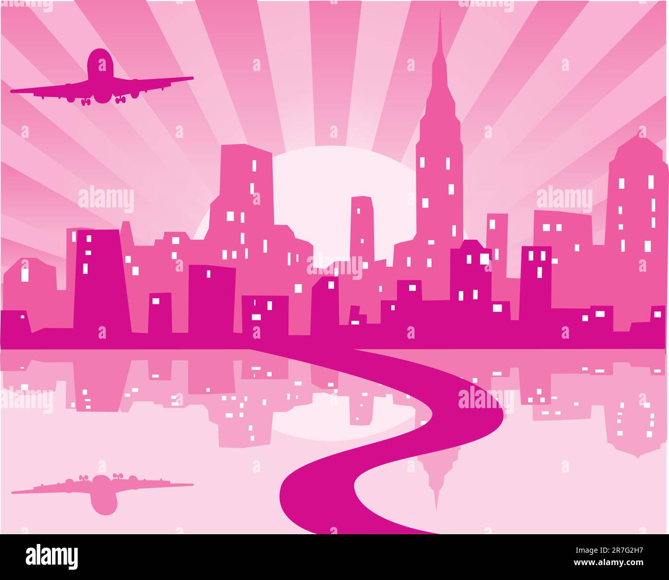 vector illustration of pink city with road, plane and reflection Stock ...