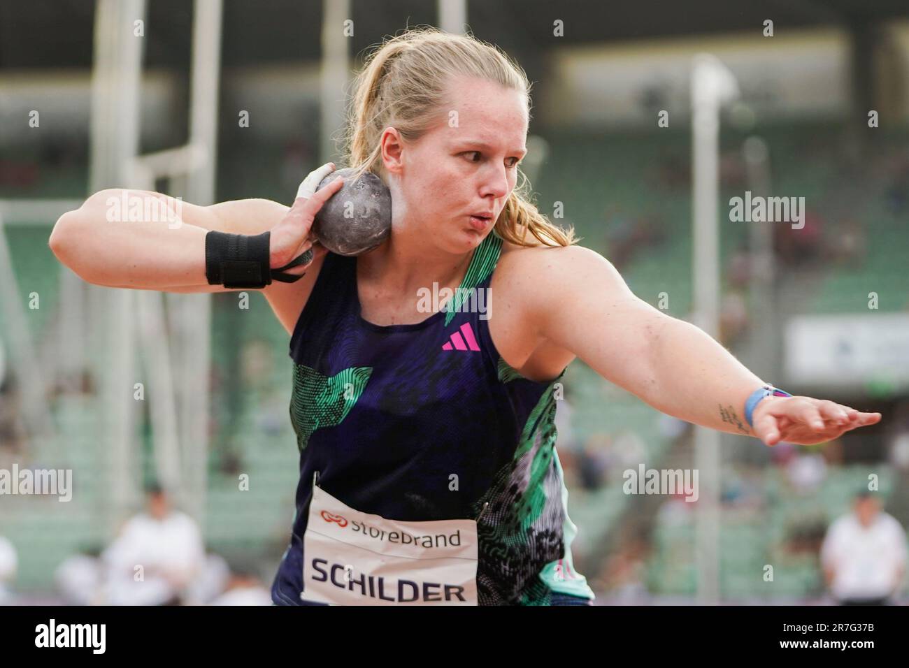 Jessica Schilder from the Netherlands takes part in the shot put during ...
