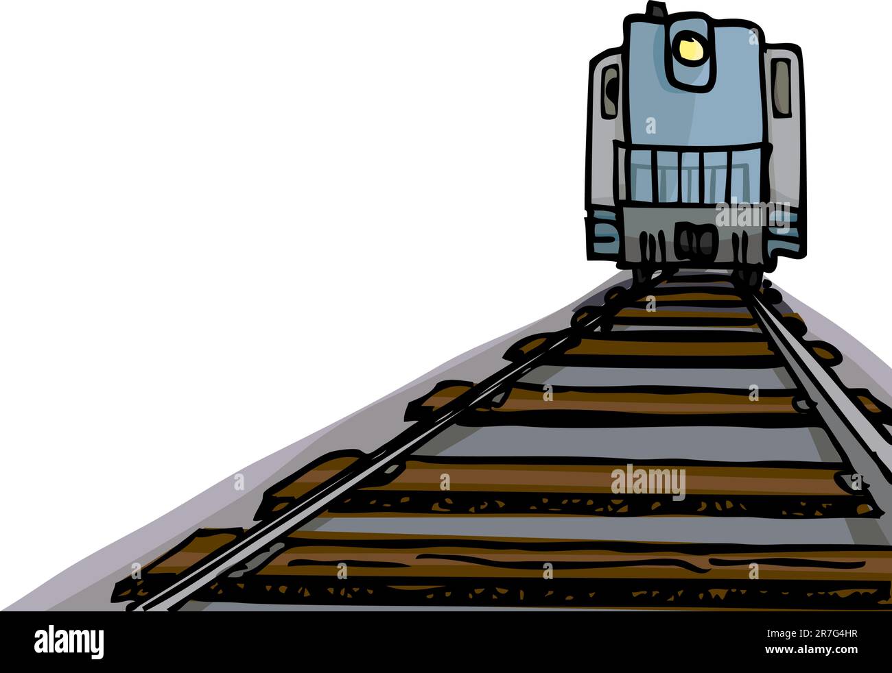 Cartoon of an oncoming diesel locomotive with headlight on tracks Stock ...