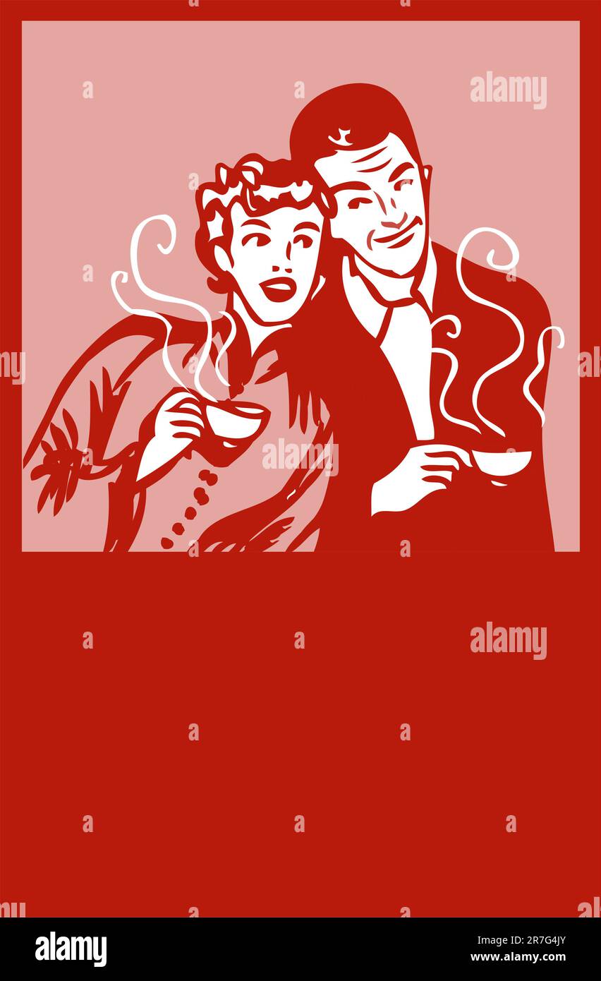 Retro coffee man and woman card poster red background Stock Vector ...