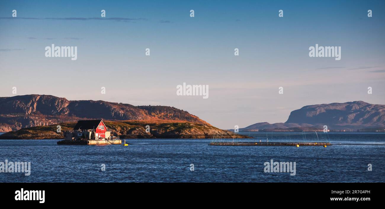 Floating Norwegian fish farm for salmon growing in natural environment ...