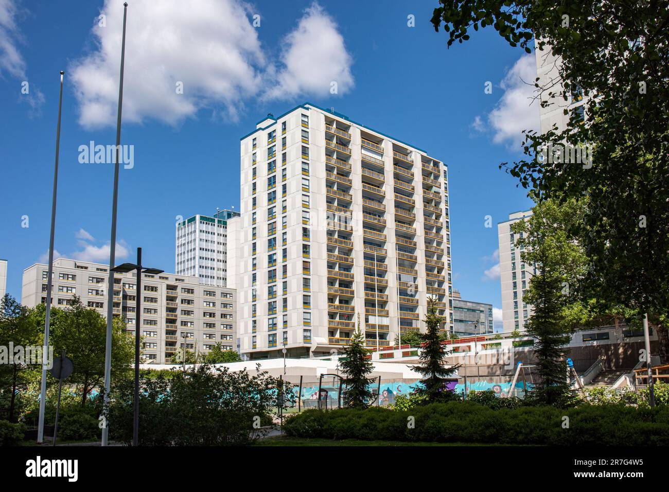 Residential concrete buildings in Merihaka district of Helsinki ...