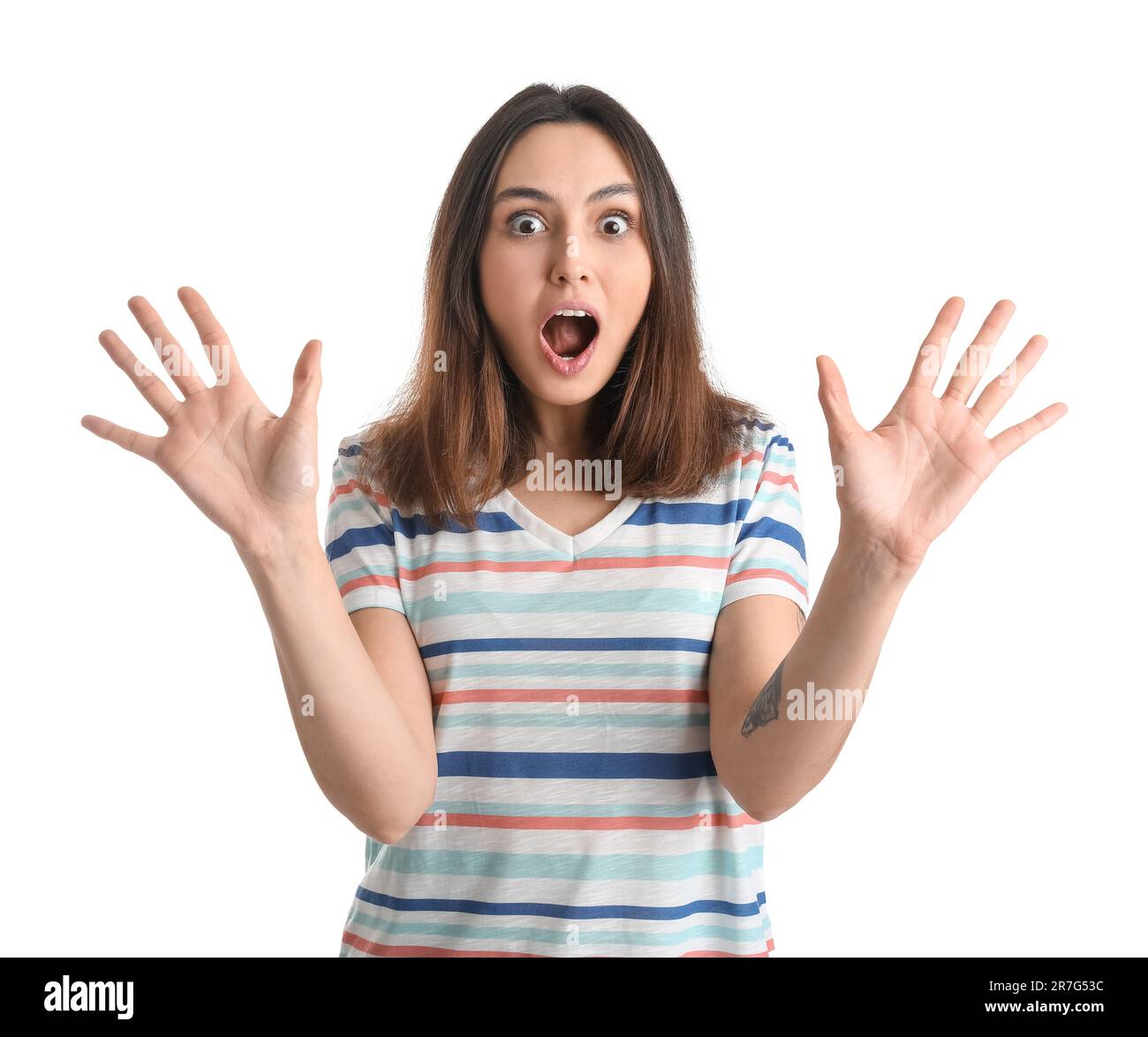 Shocked young woman showing hands on white background Stock Photo - Alamy
