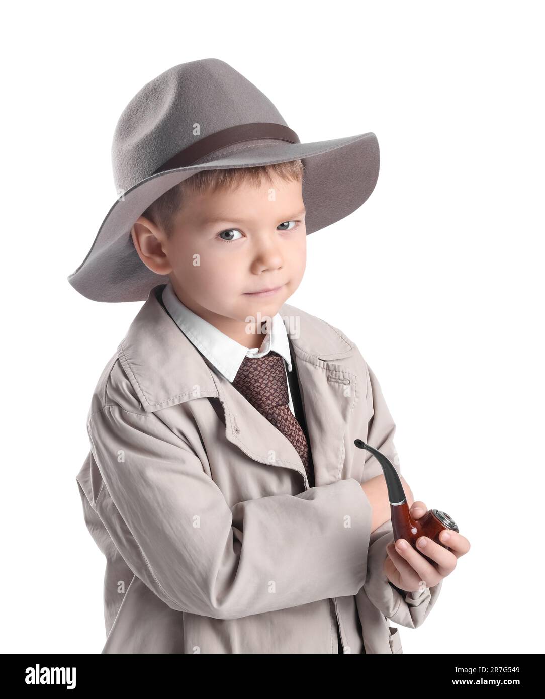 Cute little detective with smoking pipe on white background Stock Photo ...