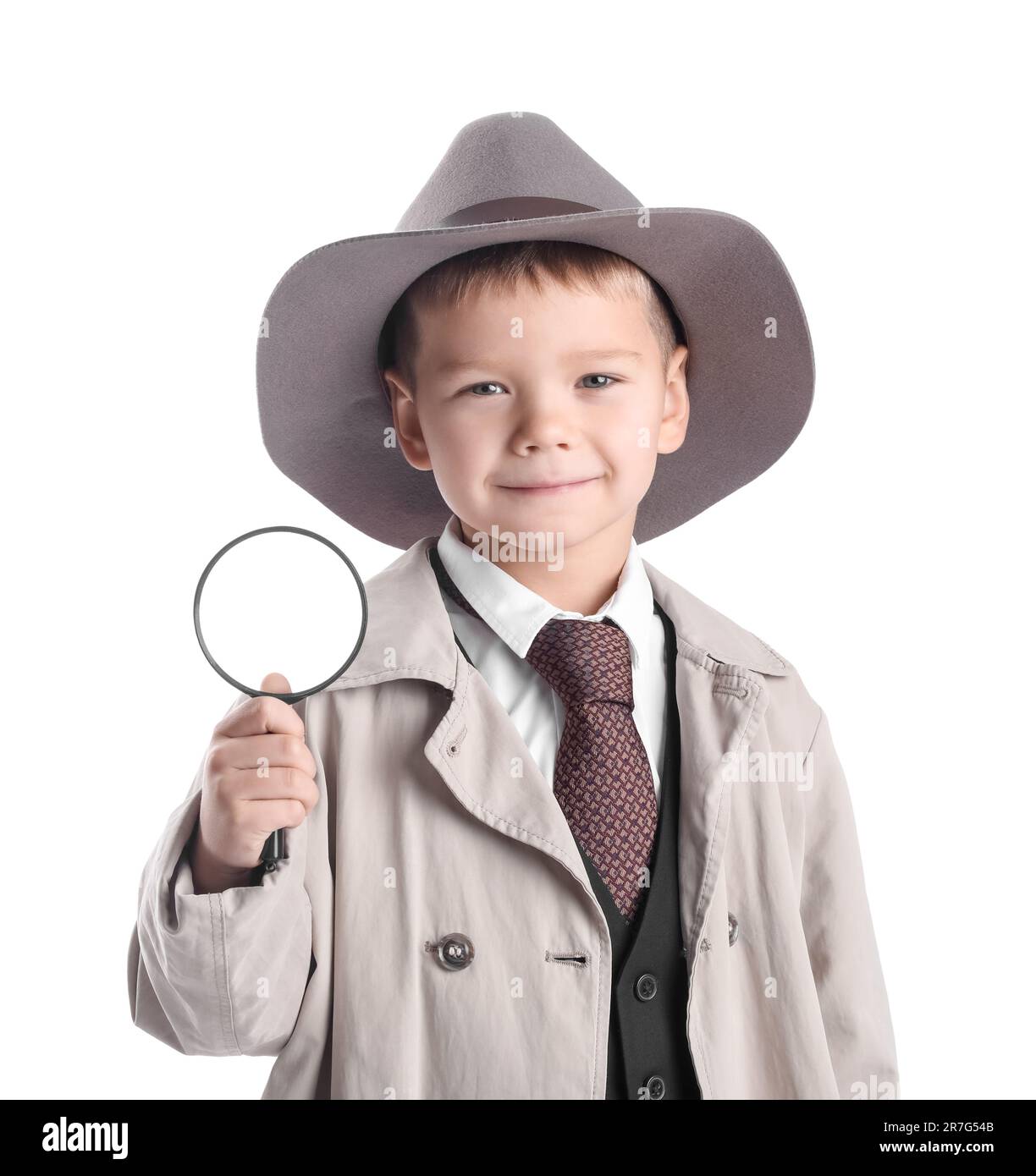 Cute little detective with magnifier on white background Stock Photo ...