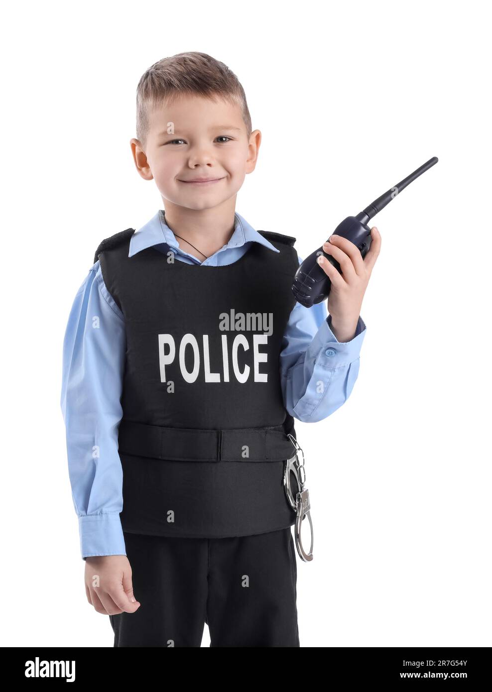 Funny little police officer with radio transmitter on white background ...