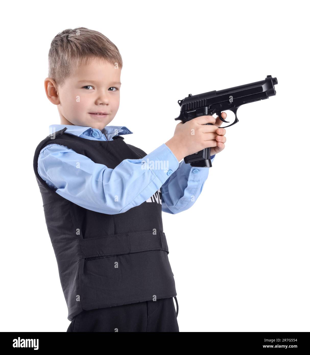 Funny little police officer with gun on white background Stock Photo ...
