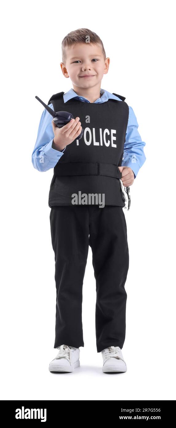 Funny little police officer with radio transmitter and handcuffs on ...