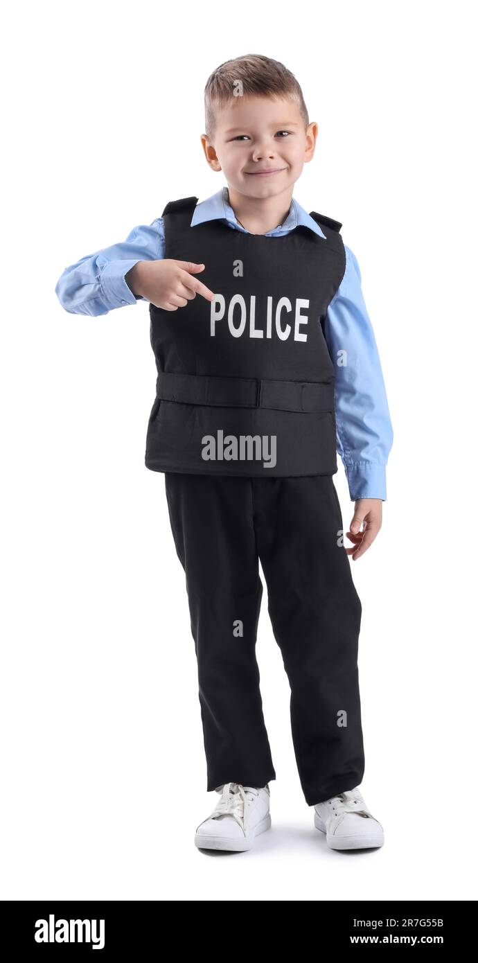 Funny little police officer pointing at body armour on white background ...