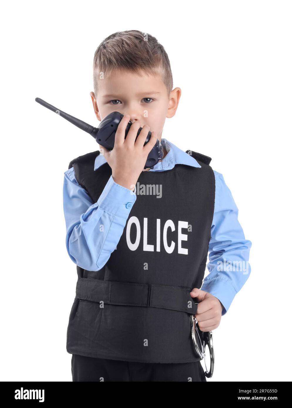 Funny little police officer with radio transmitter and handcuffs on ...