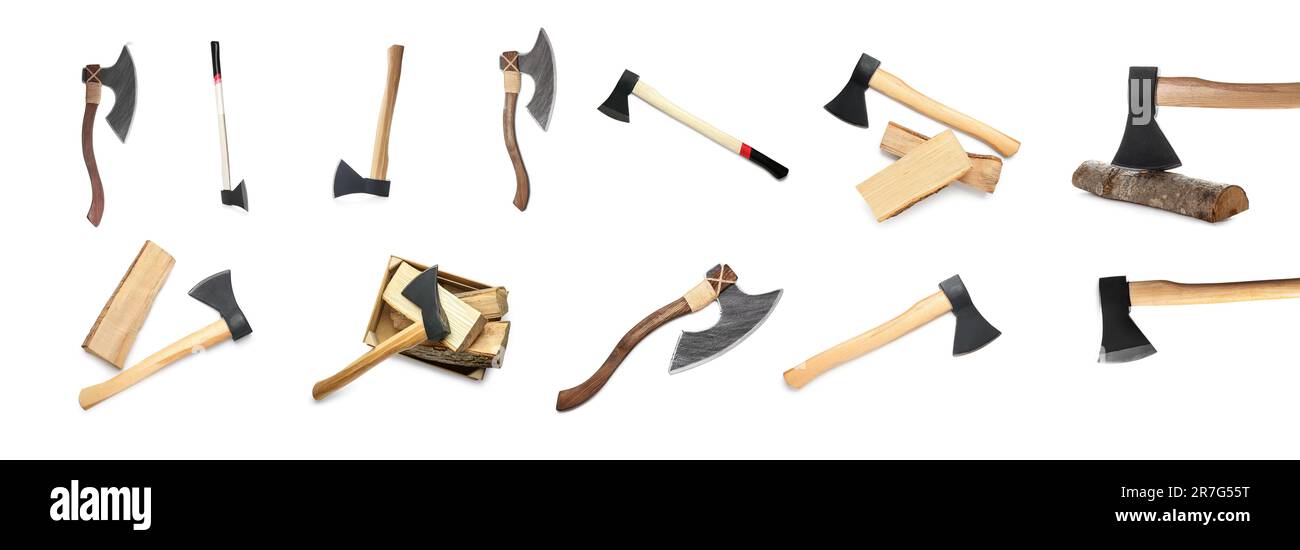 Collage of axes with firewood on white background Stock Photo - Alamy