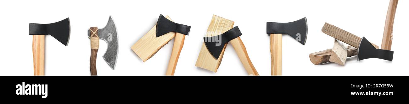 Collage of axes with firewood on white background Stock Photo - Alamy