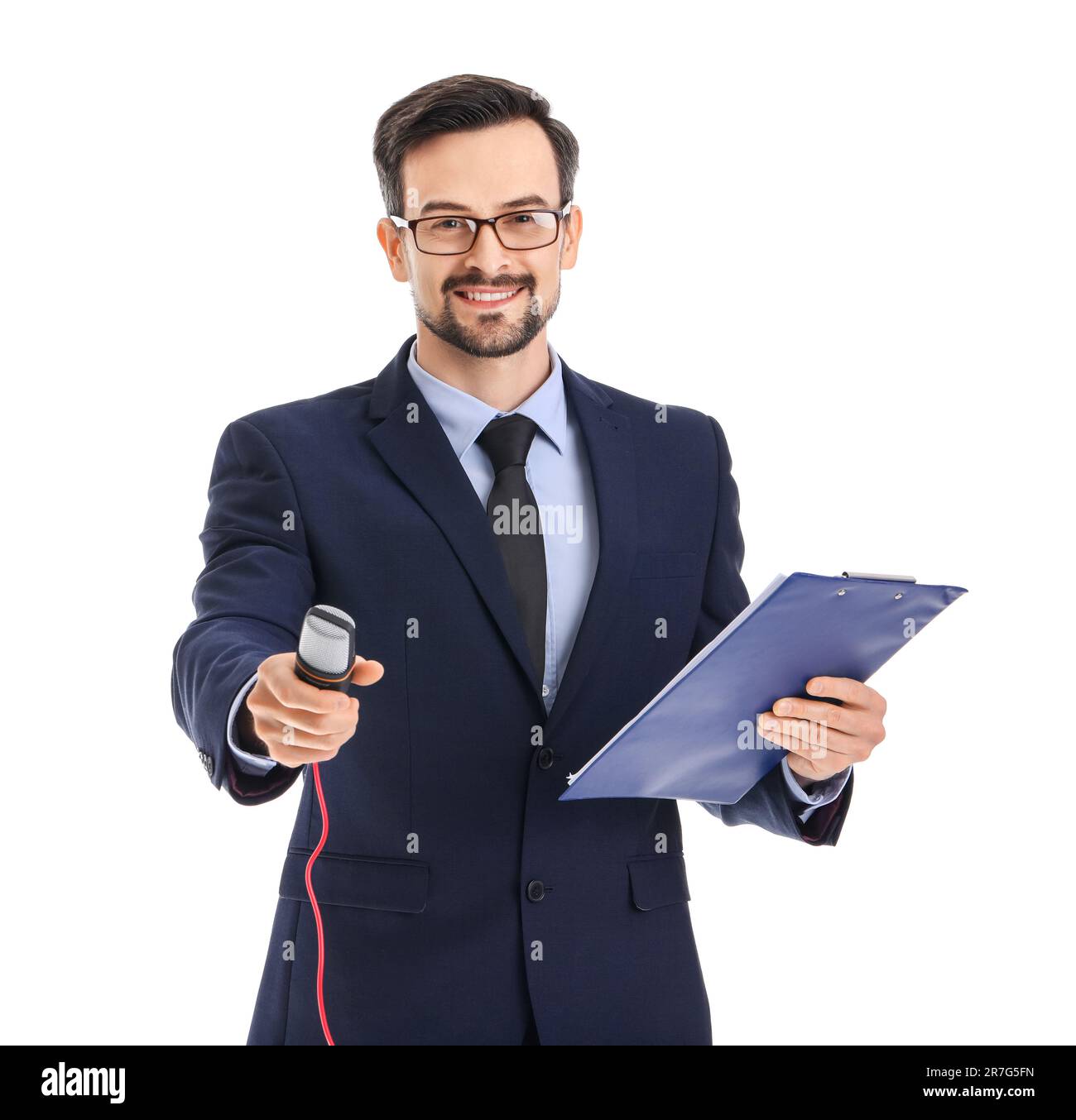 Male journalist with microphone and clipboard on white background Stock ...