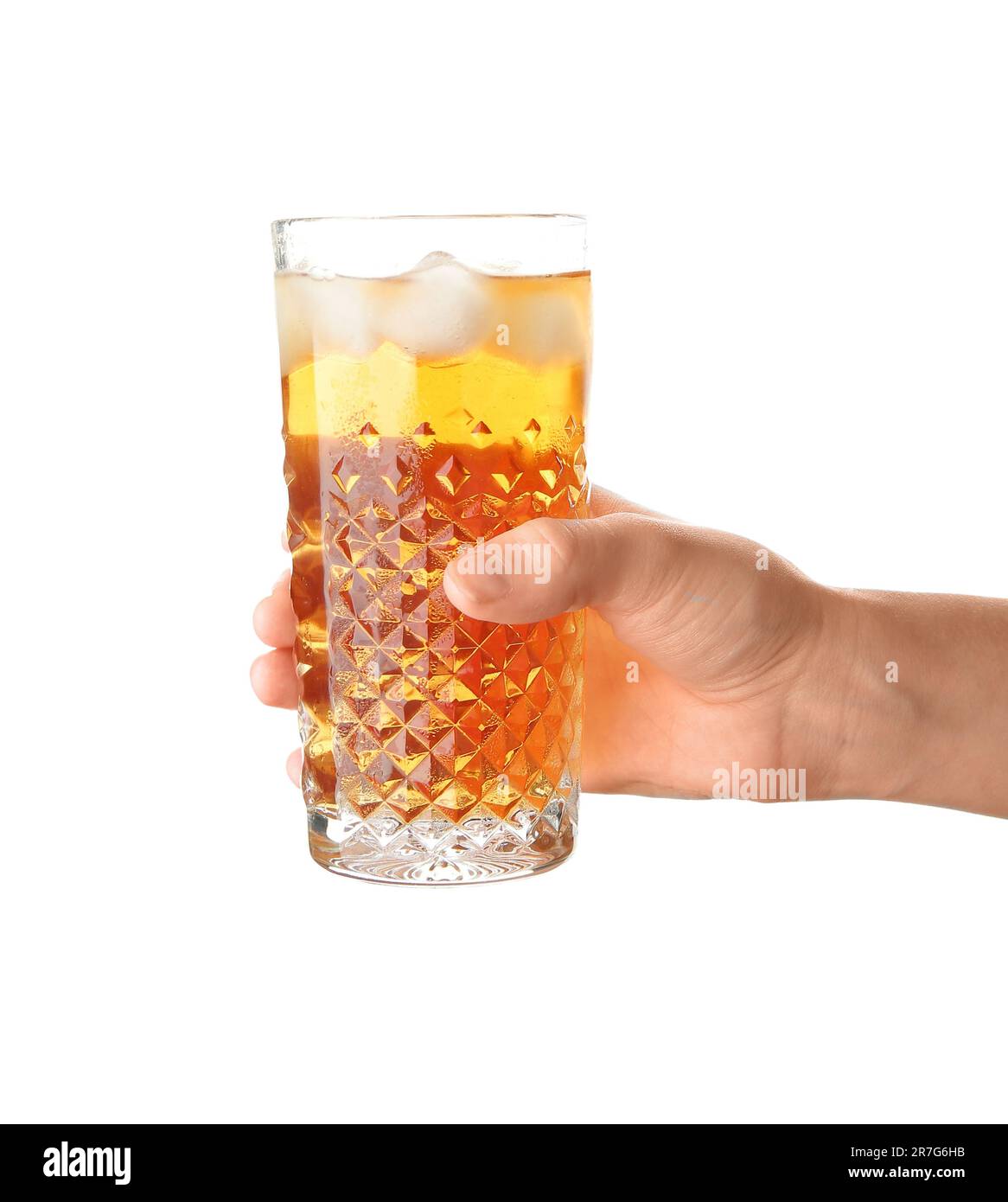Female hand holding glass of ice tea on white background Stock Photo ...