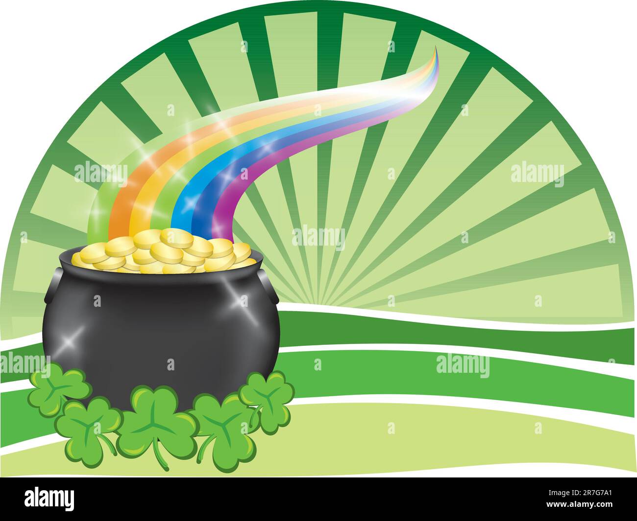 A big pot of gold with shiny rainbow, shamrocks and a green background ...