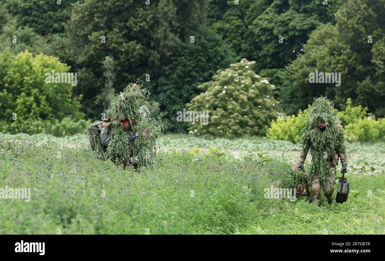 KYIV, UKRAINE - JUNE 15, 2023 - Camouflaged drone pilots are seen in ...