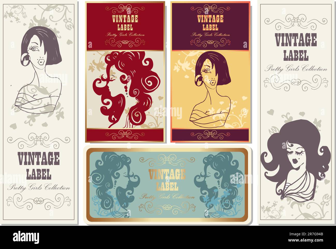 set of fake paper labels retro vintage woman flower nature beauty Stock ...