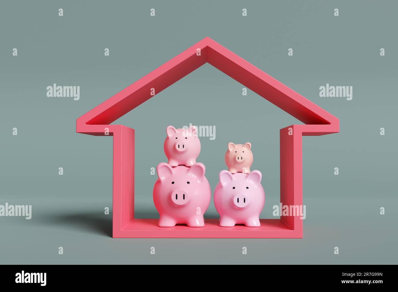 Family of pink piggy banks in a house with green background ...