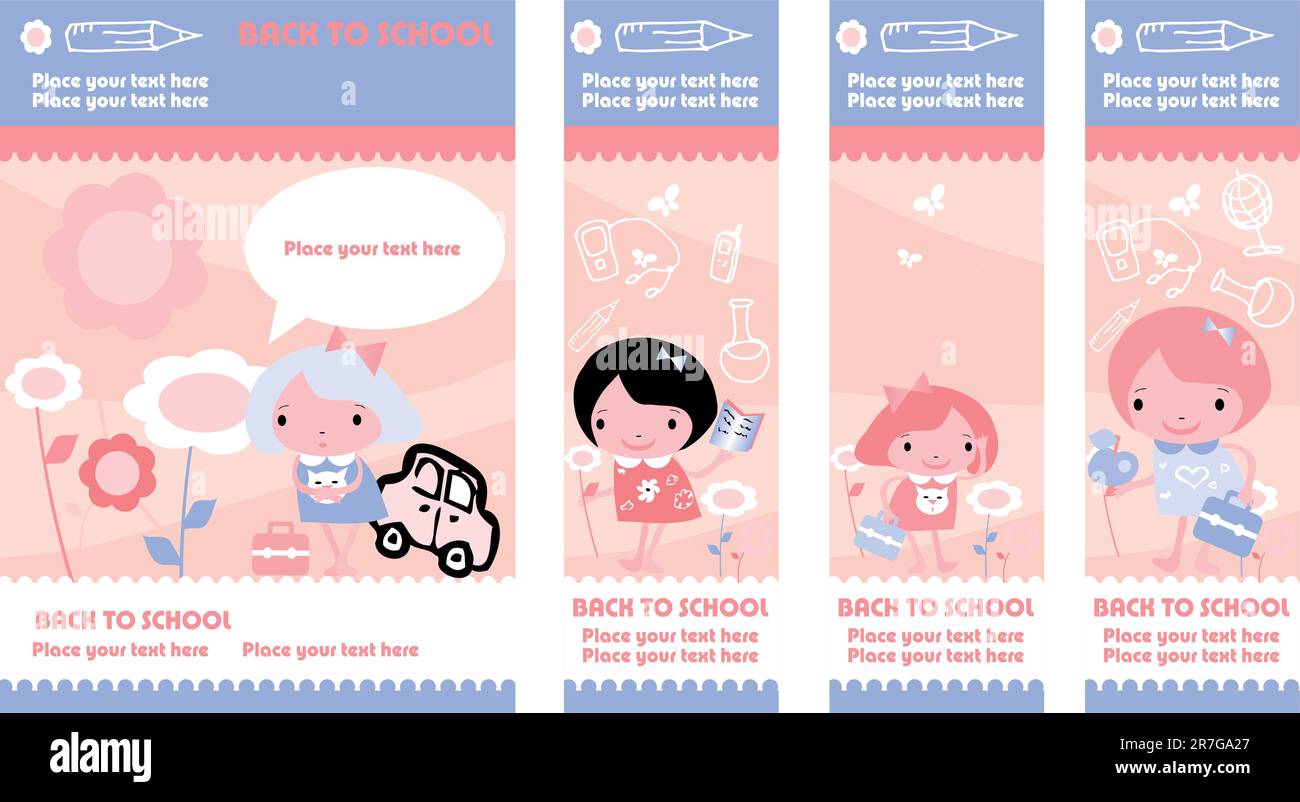 Four cute colorful banners with kids playing outside or getting ready ...