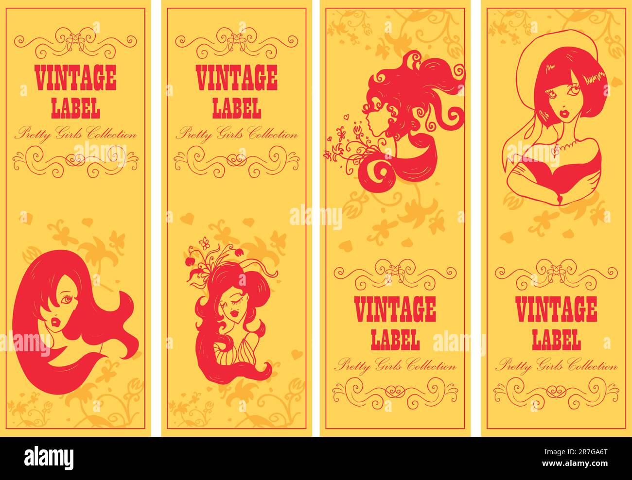 Vector vintage labels banner frame set with girls and flowers Stock ...