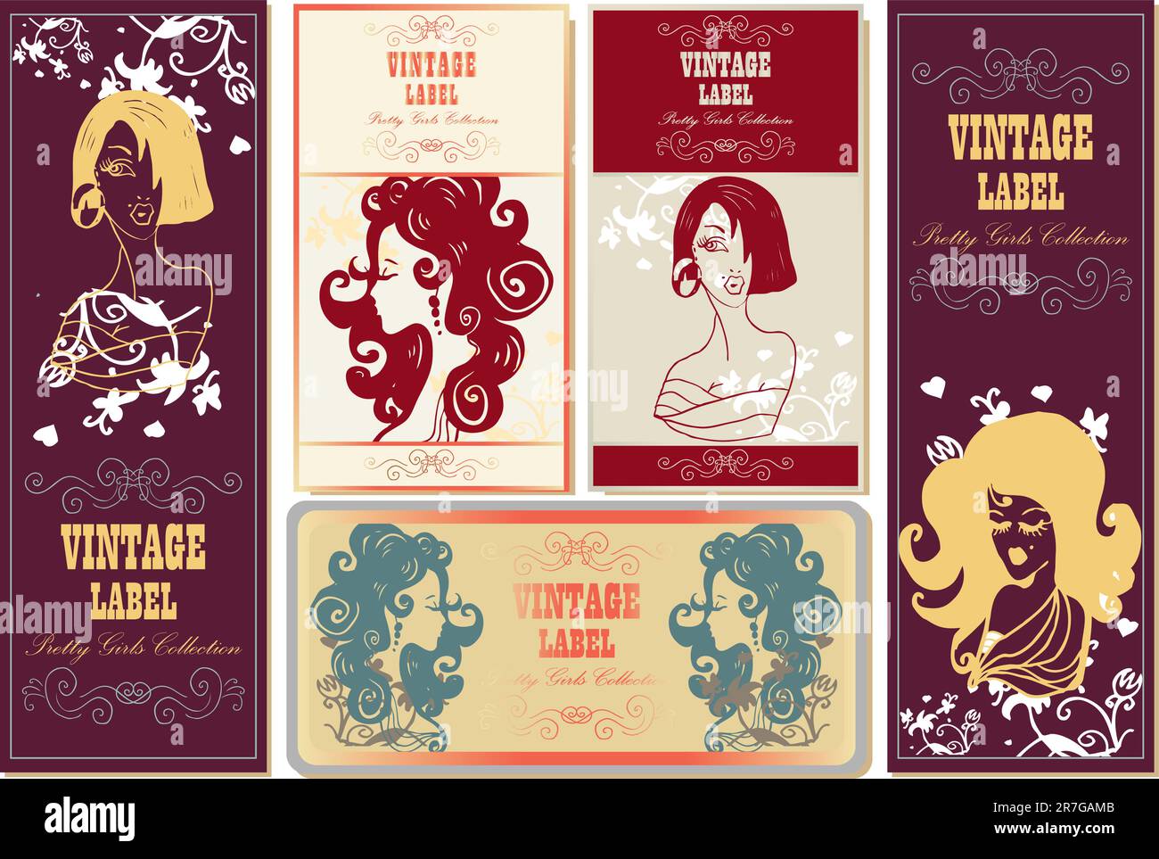 set of fake paper labels retro vintage woman flower nature beauty Stock ...