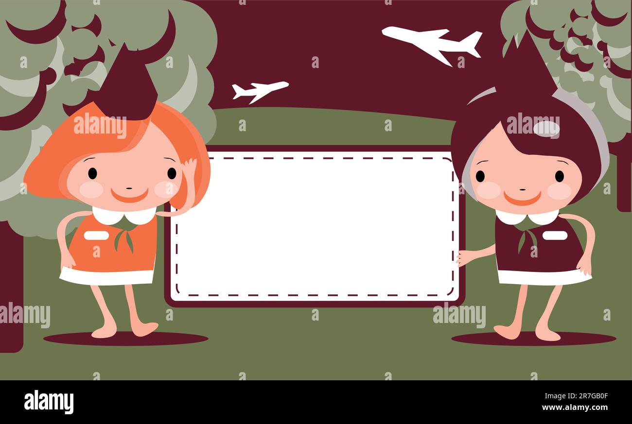 vector illustration of a stewardess frame colorful banners with kids ...
