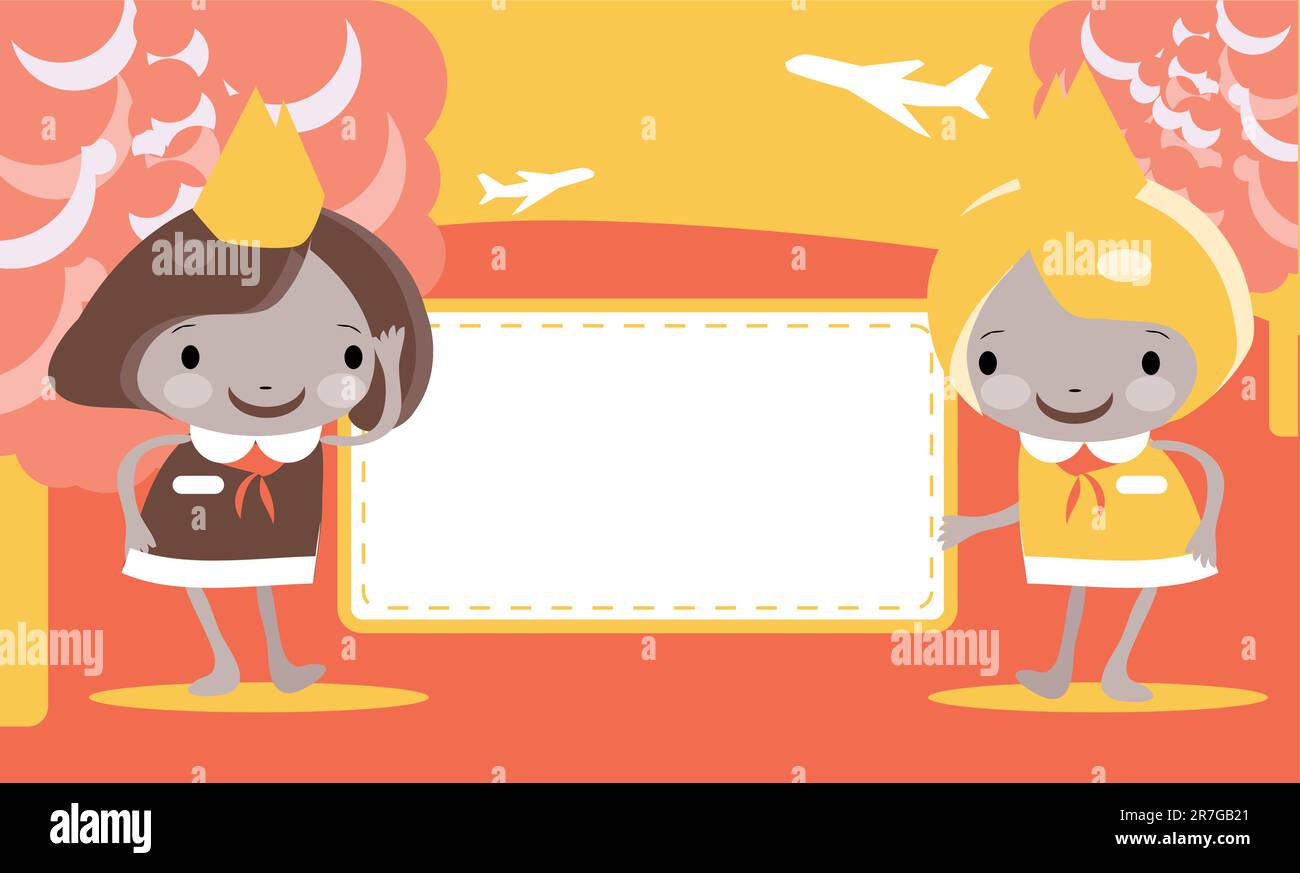 vector illustration of a stewardess frame colorful banners with kids ...