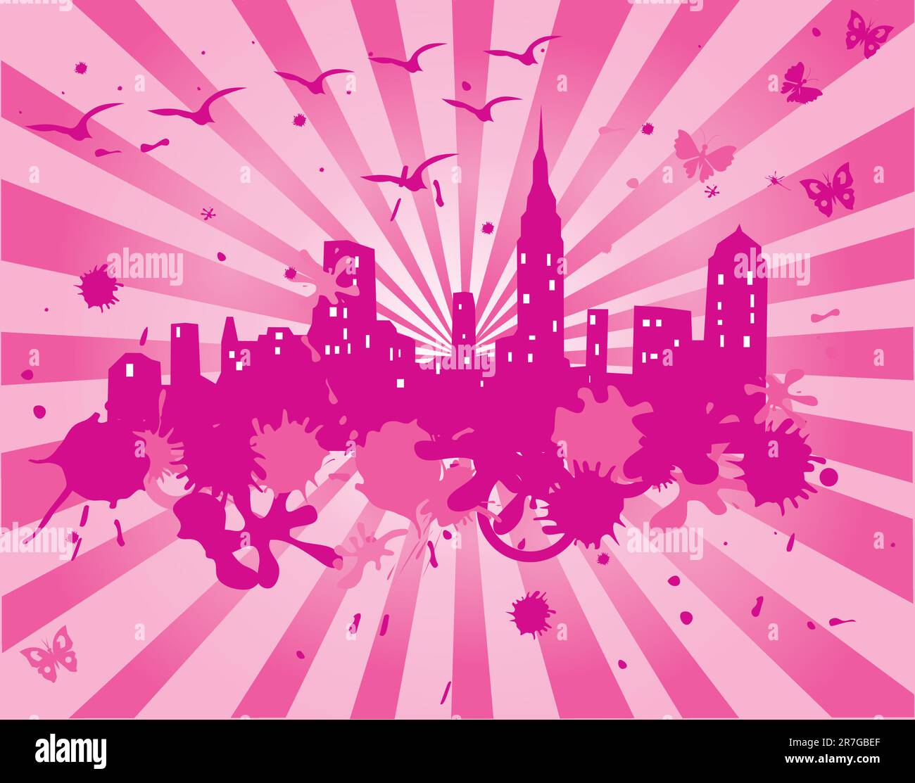 vector illustration of pink grunge city with sunburst Stock Vector ...