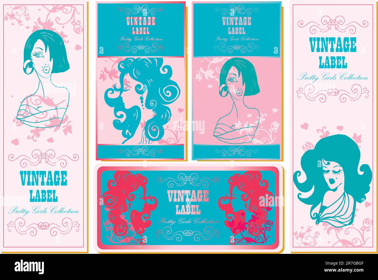set of fake paper labels retro vintage woman flower nature beauty Stock ...