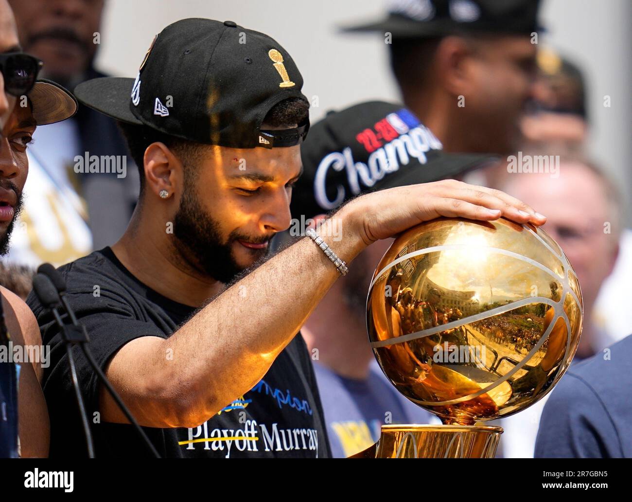 Denver Nuggets guard Jamal Murray celebrates during a rally to mark the ...