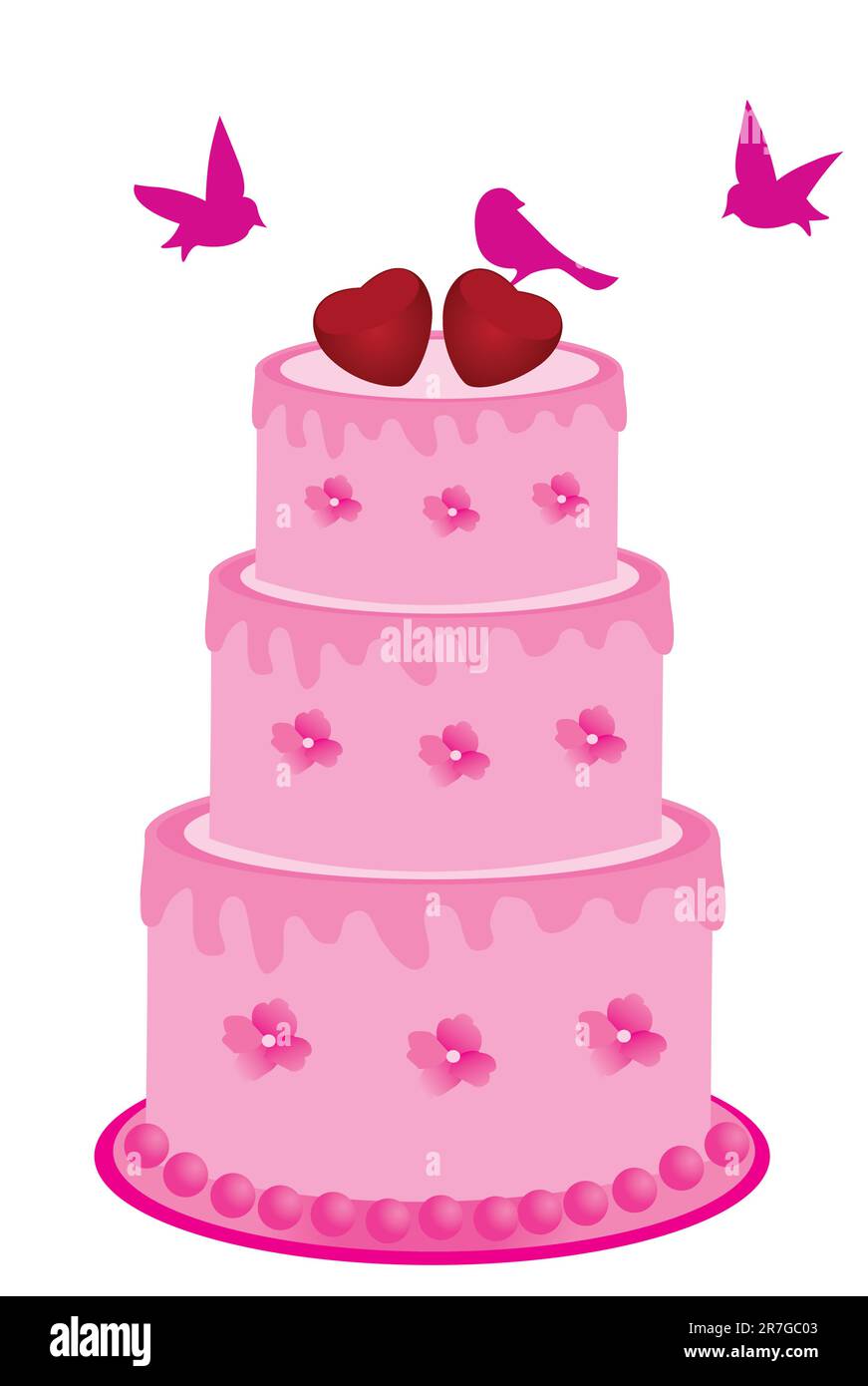 vector illustration of a cake with red hearts on top and birds Stock ...