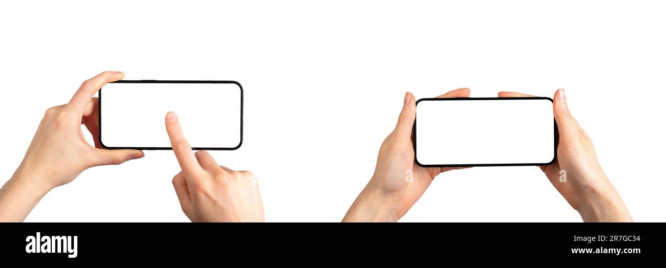 Hands holding mobile phone screen mockups, blank smartphone horizontal ...