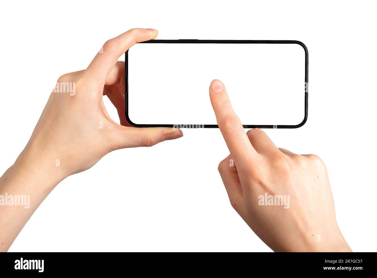 Hand holding smartphone, finger clicking on blank screen mock-up ...