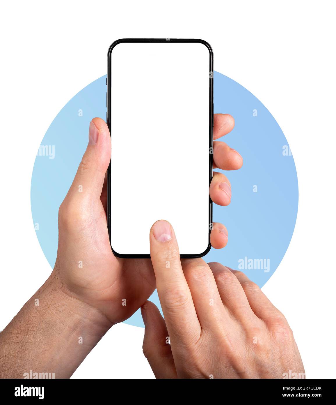 Hand holding mobile phone, clicking on blank screen mockup, display ...