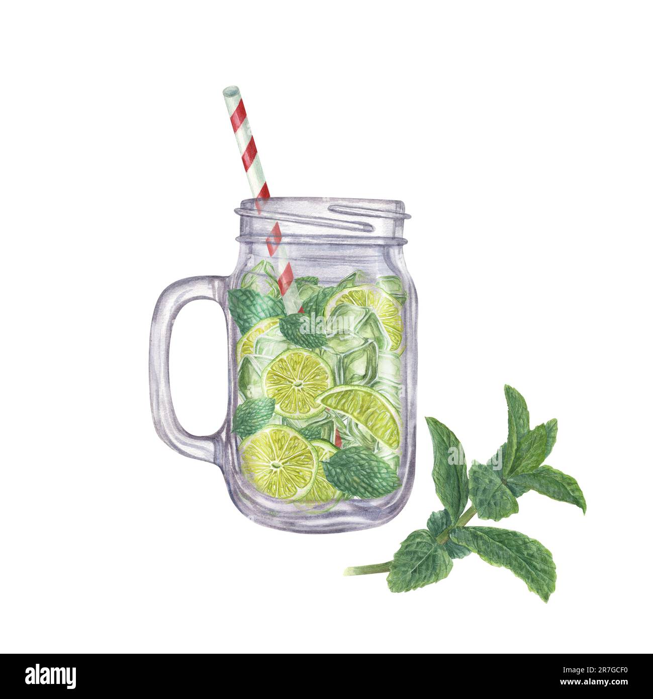 Refreshing beverage with mint leaves, ice cubes, lime slices, drinking Straw in glass jar ...