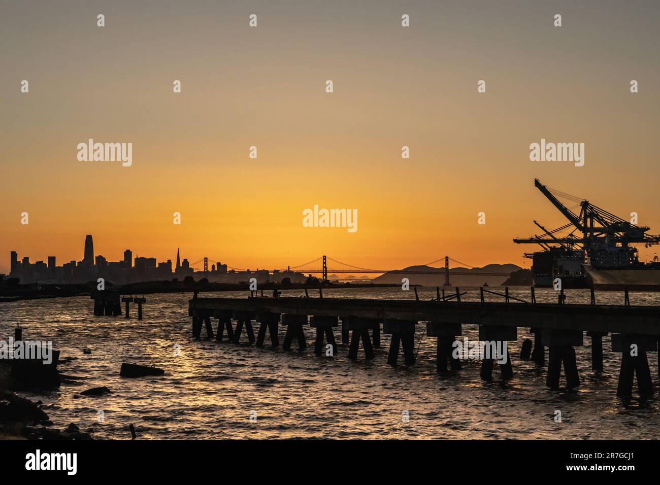 San Francisco Bay, the city and the Bay Bridge at sunset as seen from ...