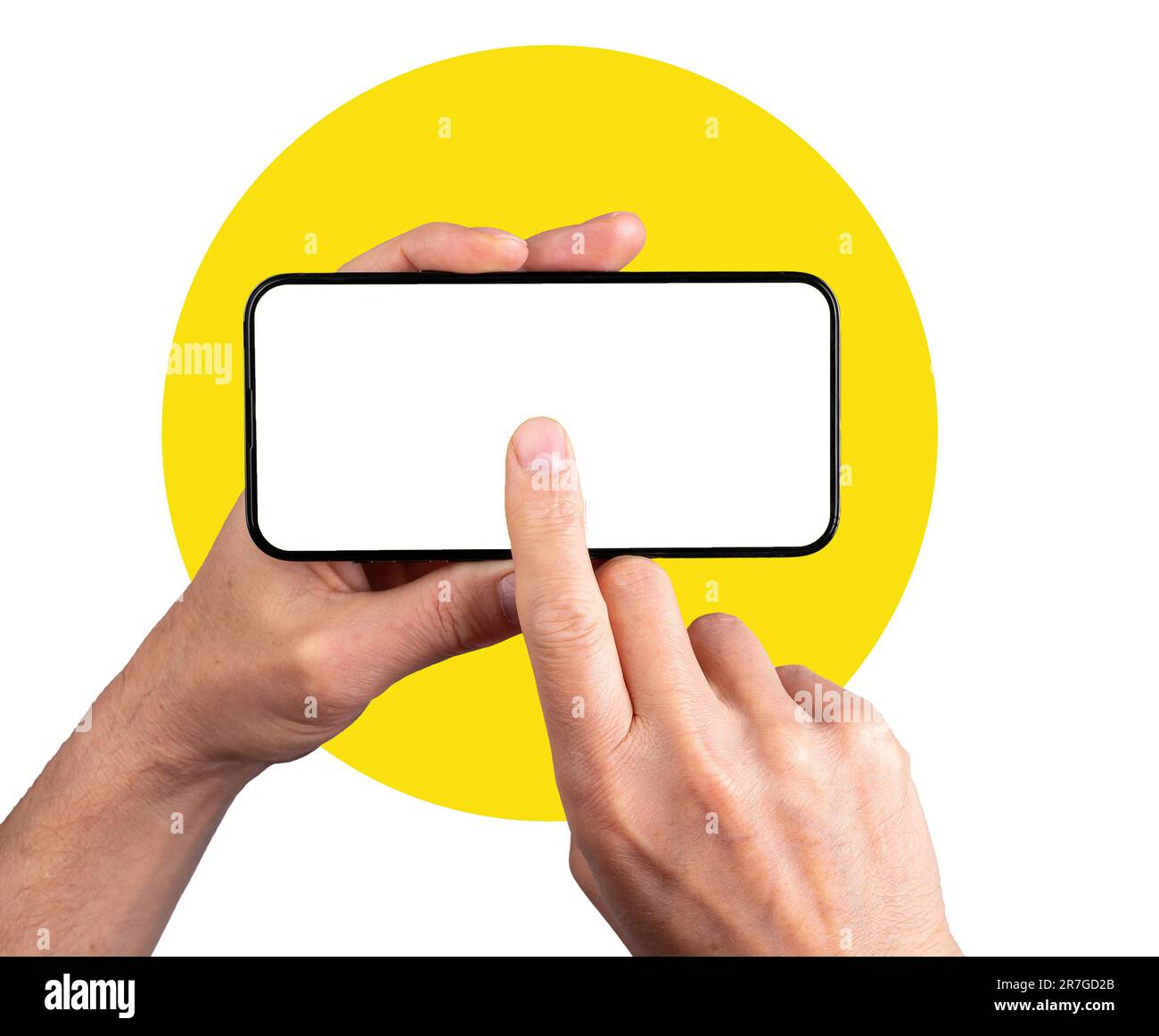 Hand holding smart phone, finger clicking on blank screen mock-up with ...