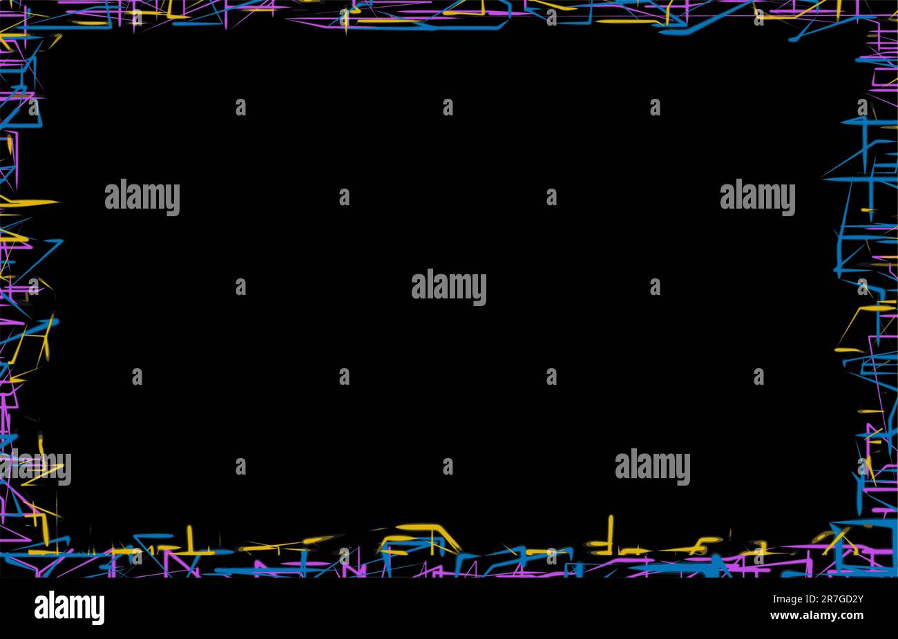Frame of random blue, yellow and purple neon lines on black background ...