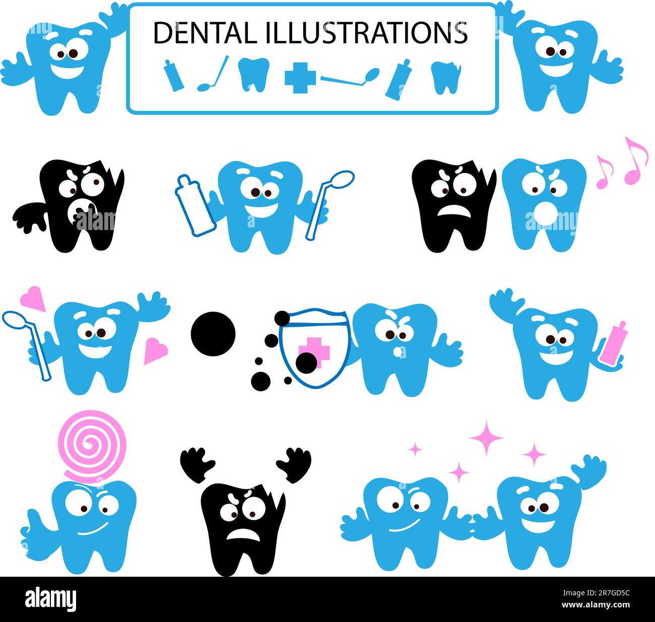 Medical illustrations, dental web icons set, tooth emotions, kids ...