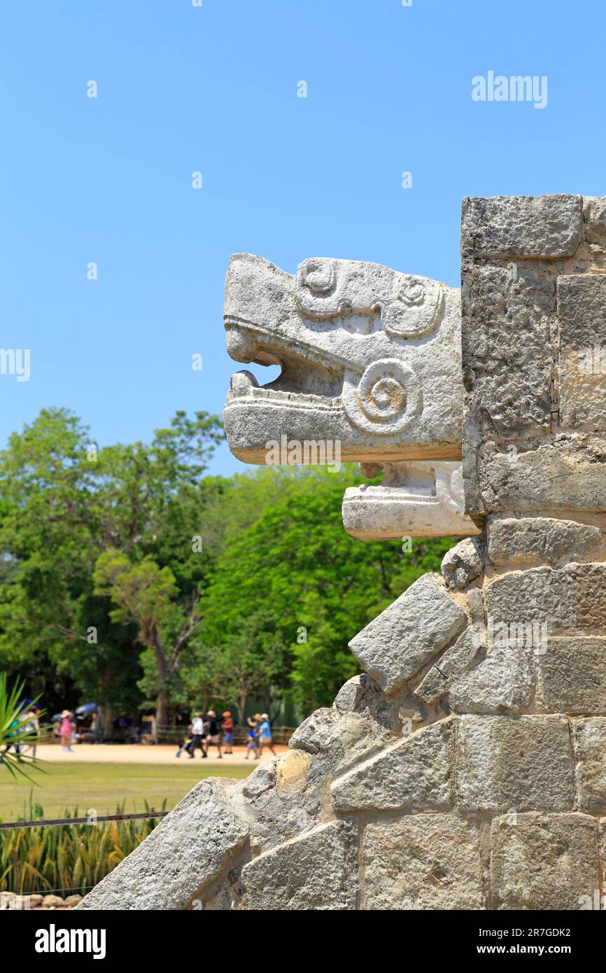 Serpent heads on the Platform of the Eagles and Jaguars at Chichen Itza ...